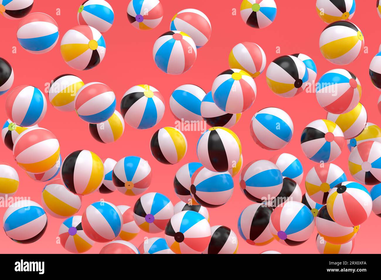 Many of flying beach balls isolated on pink background. 3d rendering ...
