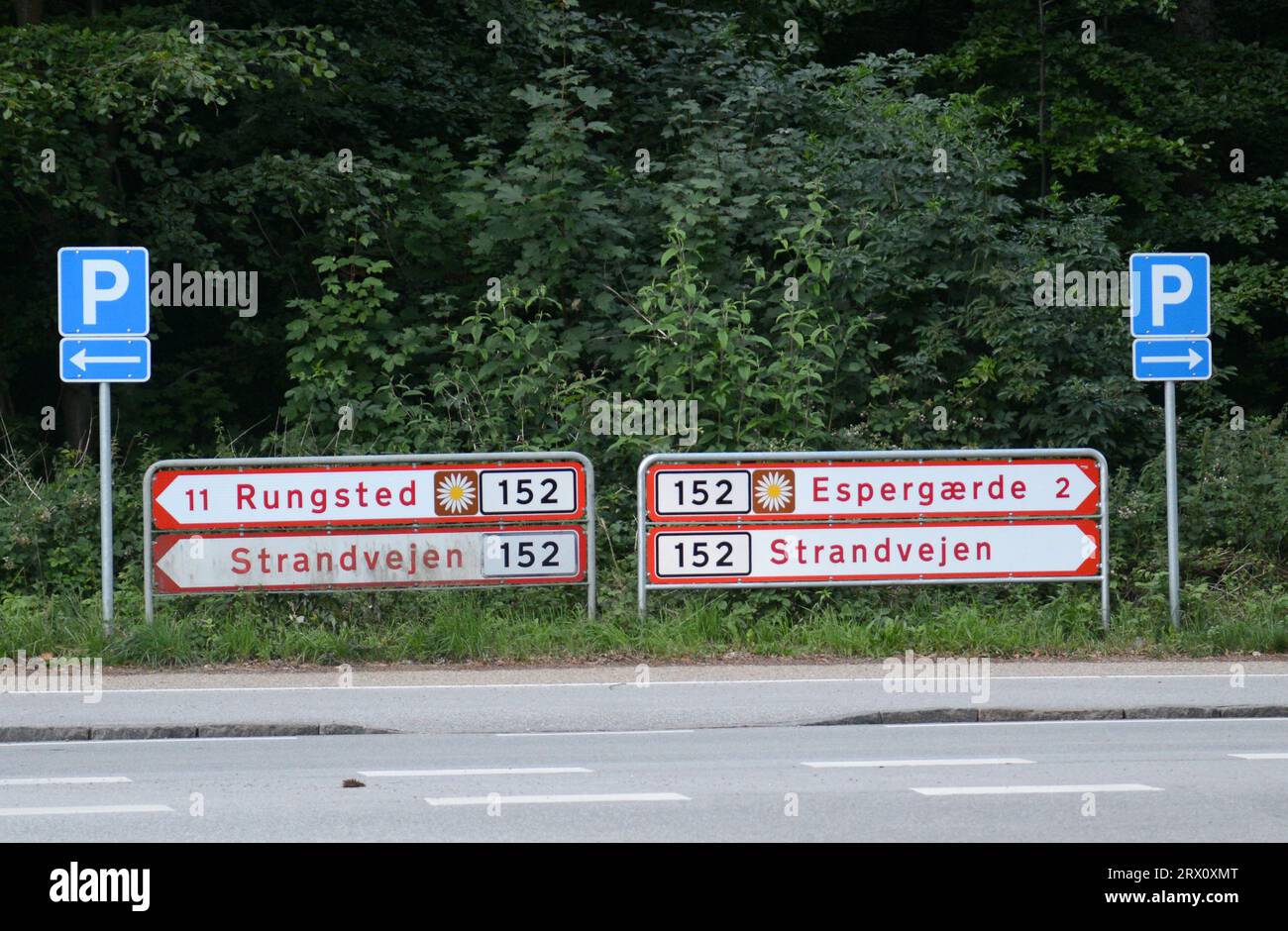 Distance road signs at the exit from the Louisiana Museum of Modern Art ...