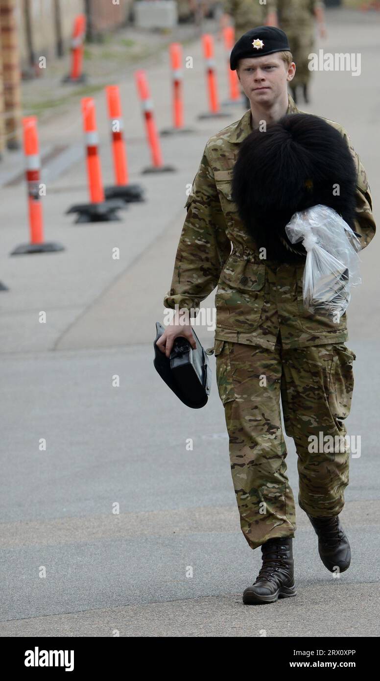 A Danish Royal Guard holding the traditional guard hat. Rosenborg ...
