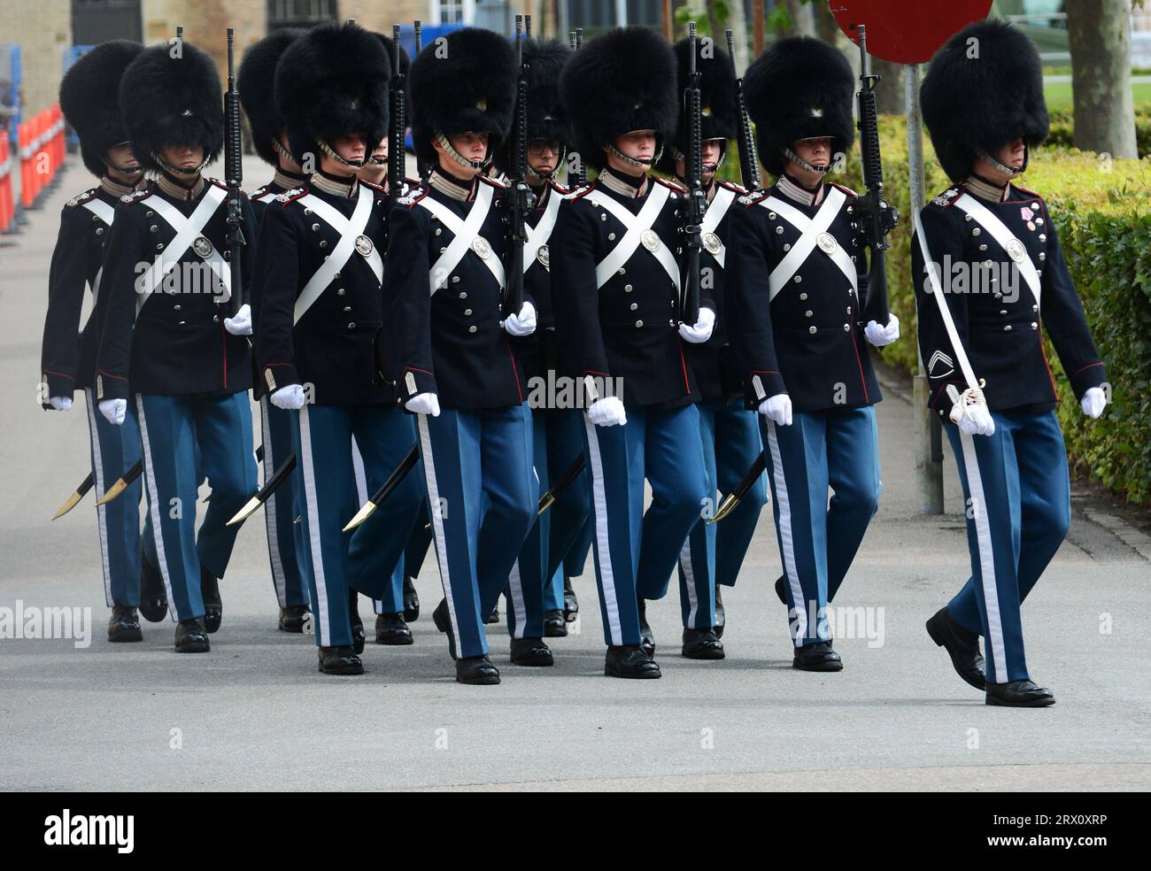 The Danish Royal Guard marching out from Rosenborg Castle towards the ...