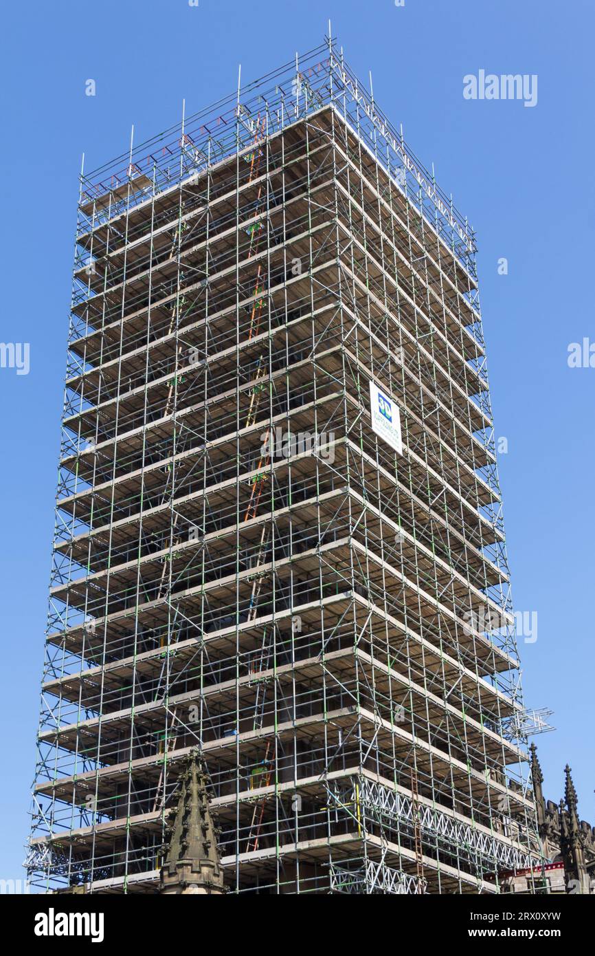 Extensive scaffolding round the tower of Manchester cathedral in 2018 ...