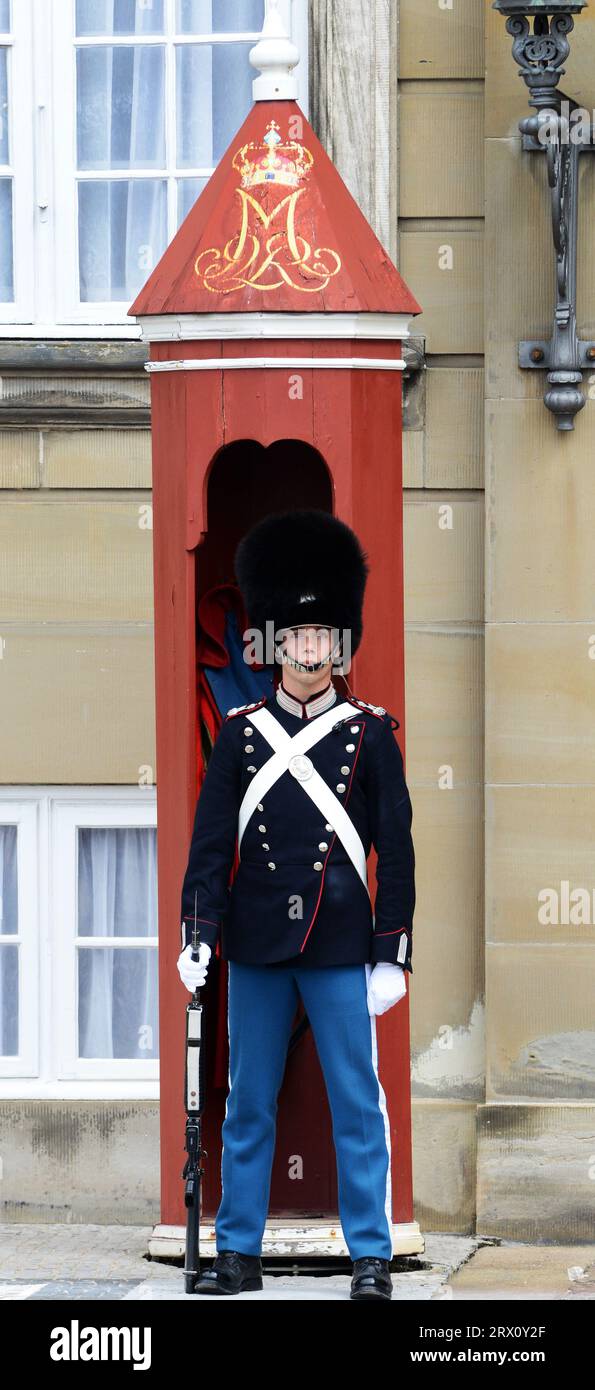A Danish Royal Guard standing at his post at the Amalienborg castle in ...