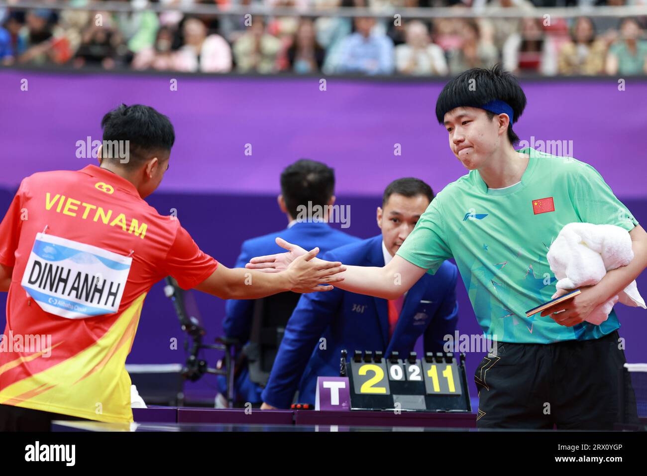 Hangzhou, China's Zhejiang Province. 22nd Sep, 2023. Wang Chuqin (R) of ...
