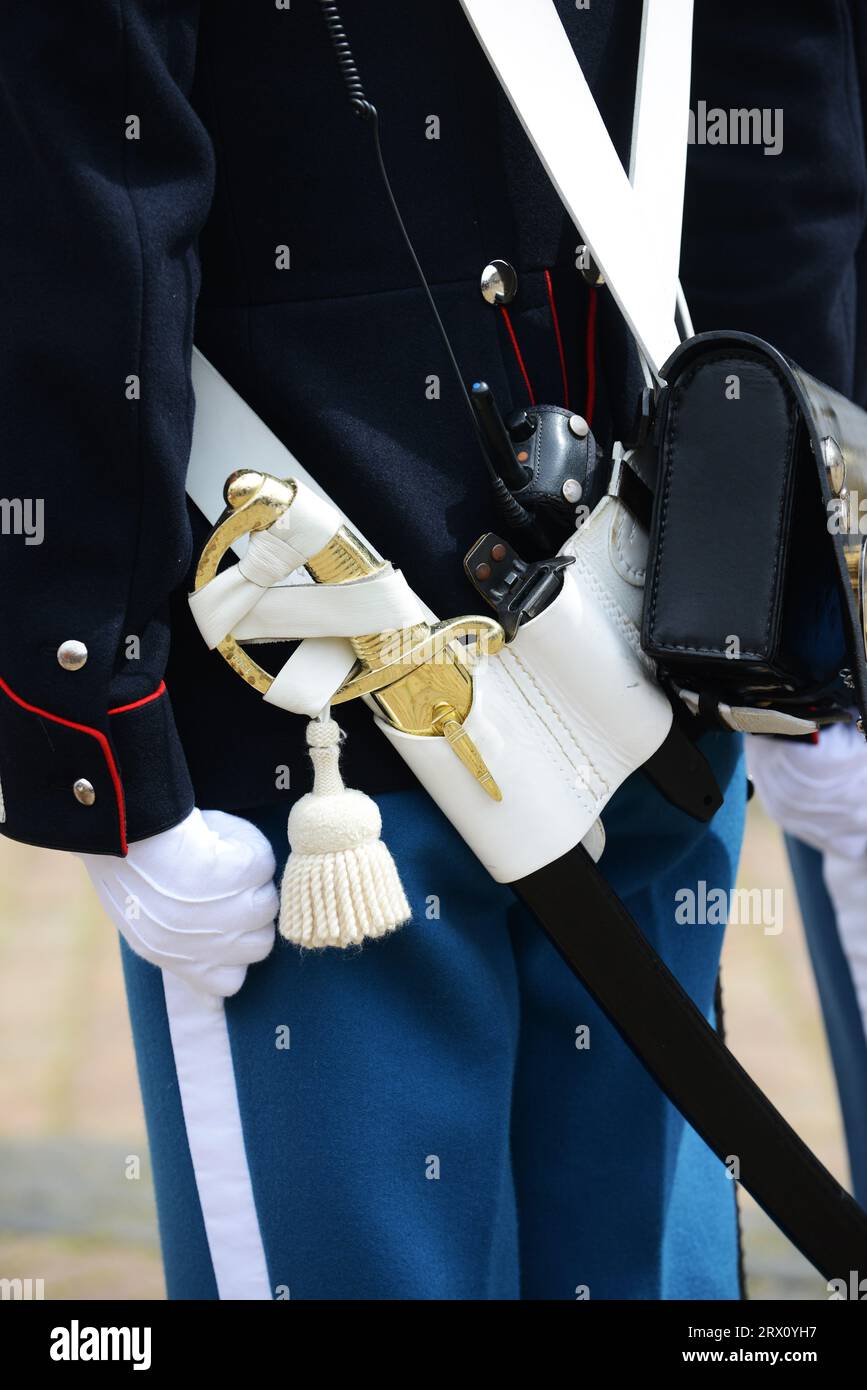 A closeup of the sword and knife carried by a Royal Danish guard at ...
