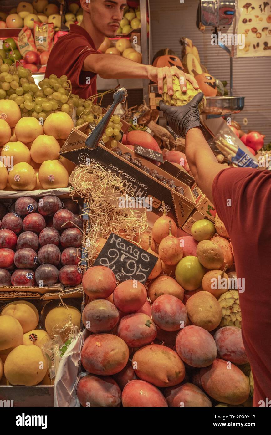 Main Food Market in Malaga Atarazanas Mercado. Close up of stalls full ...