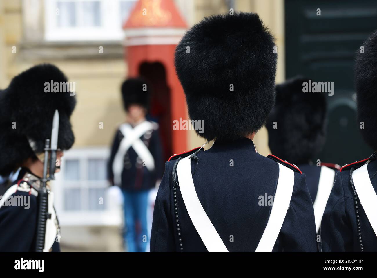 Change of the Royal Danish guard at Amalienborg castle in Copenhagen ...