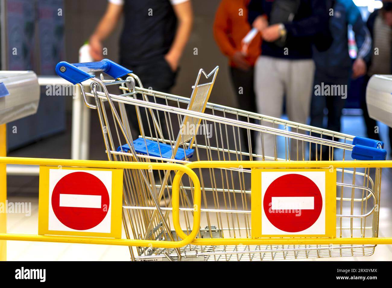 Trolley in the store. stop sign. Concept of ban, end of trade. Closed ...