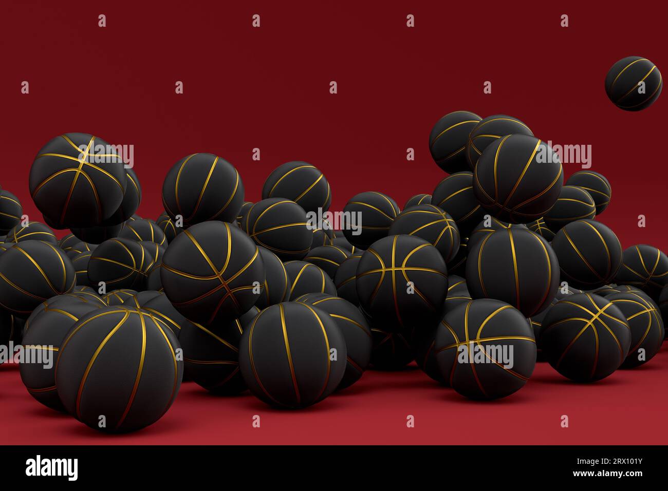 Many of flying black basketball ball falling on red background. 3d ...