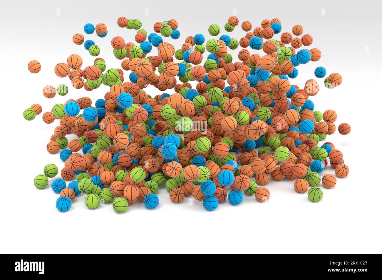 Many of flying multicolor basketball ball falling on white background ...