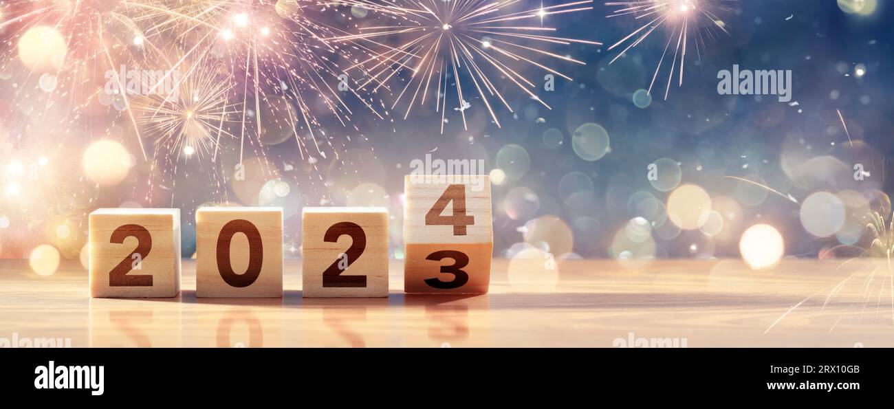 2024 Happy New Year - Celebration With Wooden Number Blocks And Fireworks At Blue Eve Night With ...