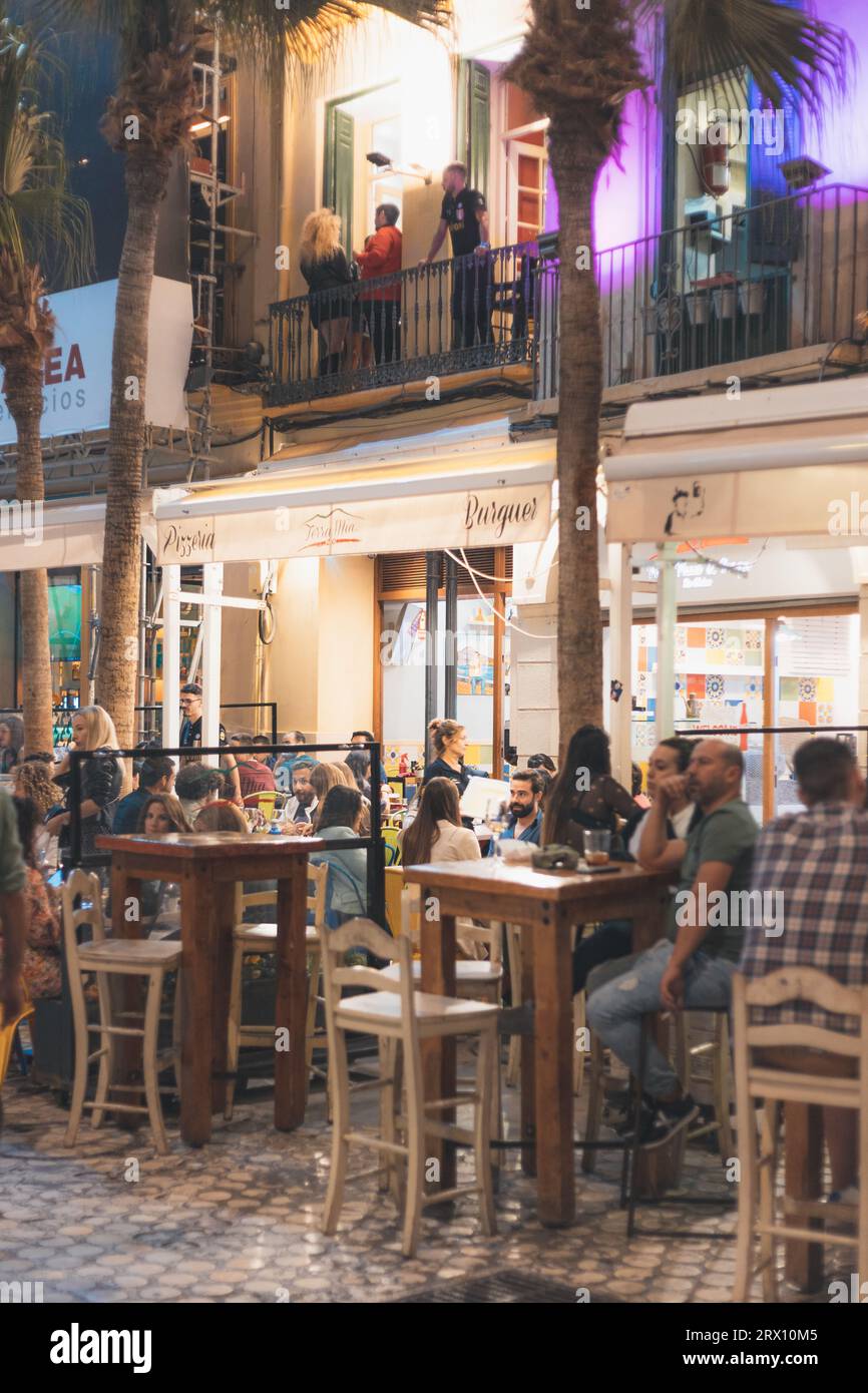 Malaga at night, Nightlife on the streets of the old city center ...