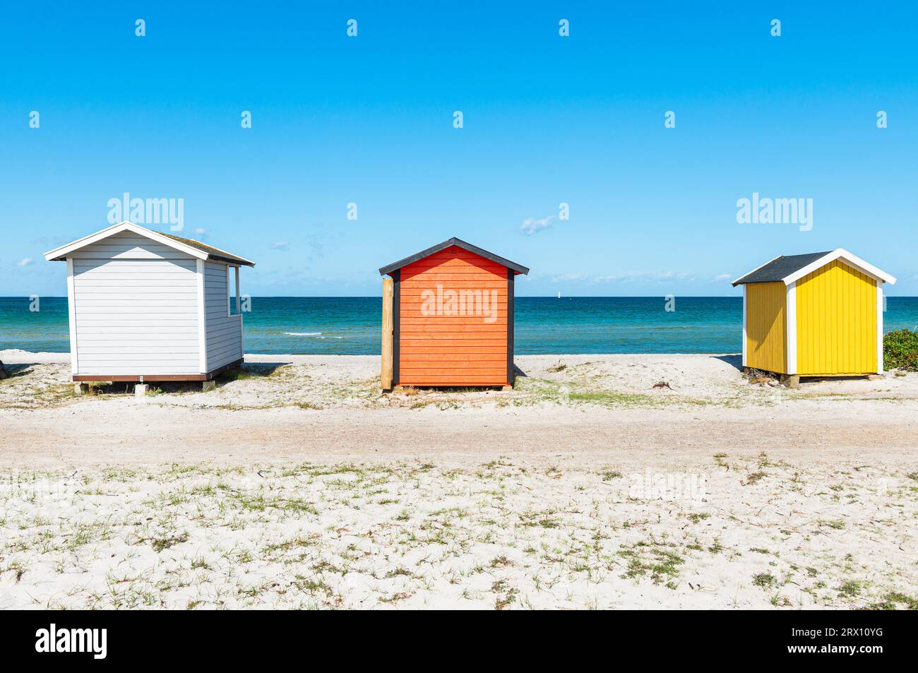 Colourful, windswept wooden bathing huts in the sand dunes on the beach ...