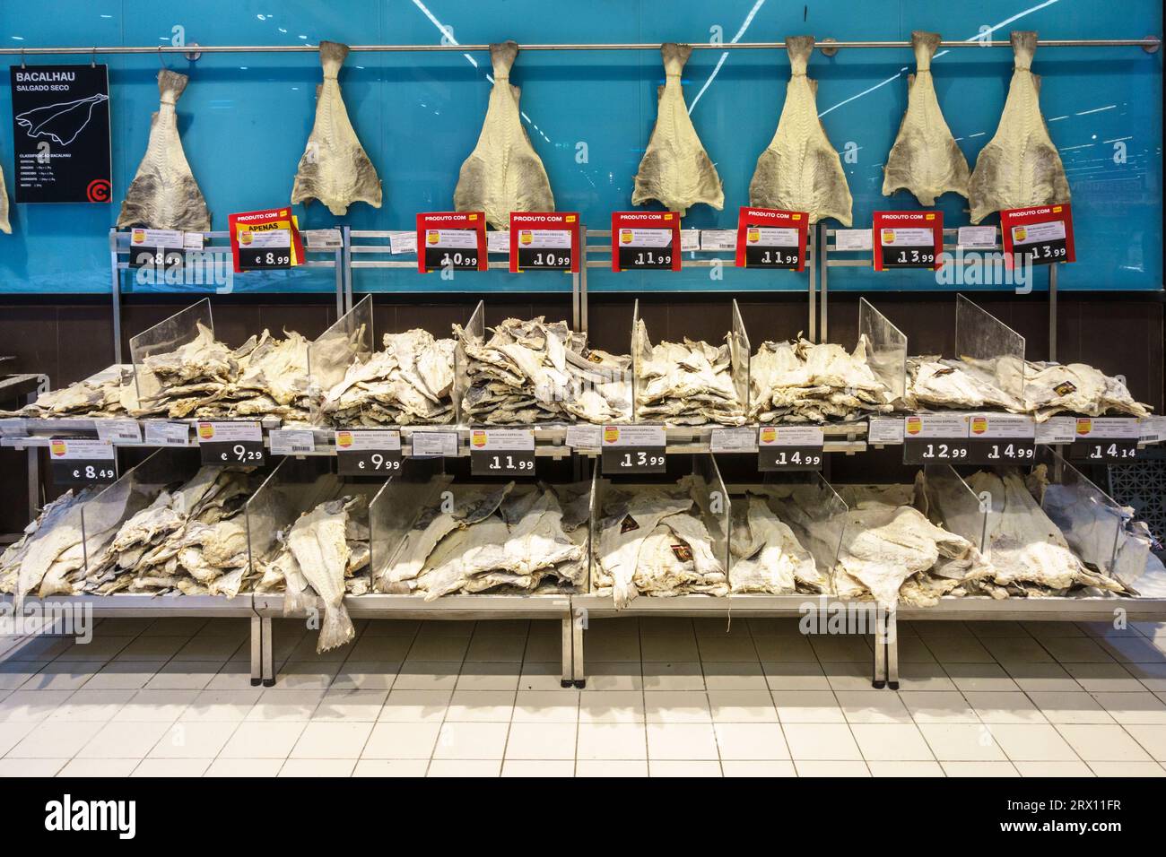 Bacalhau (dried and salted codfish) on sale in a Portuguese supermarket ...