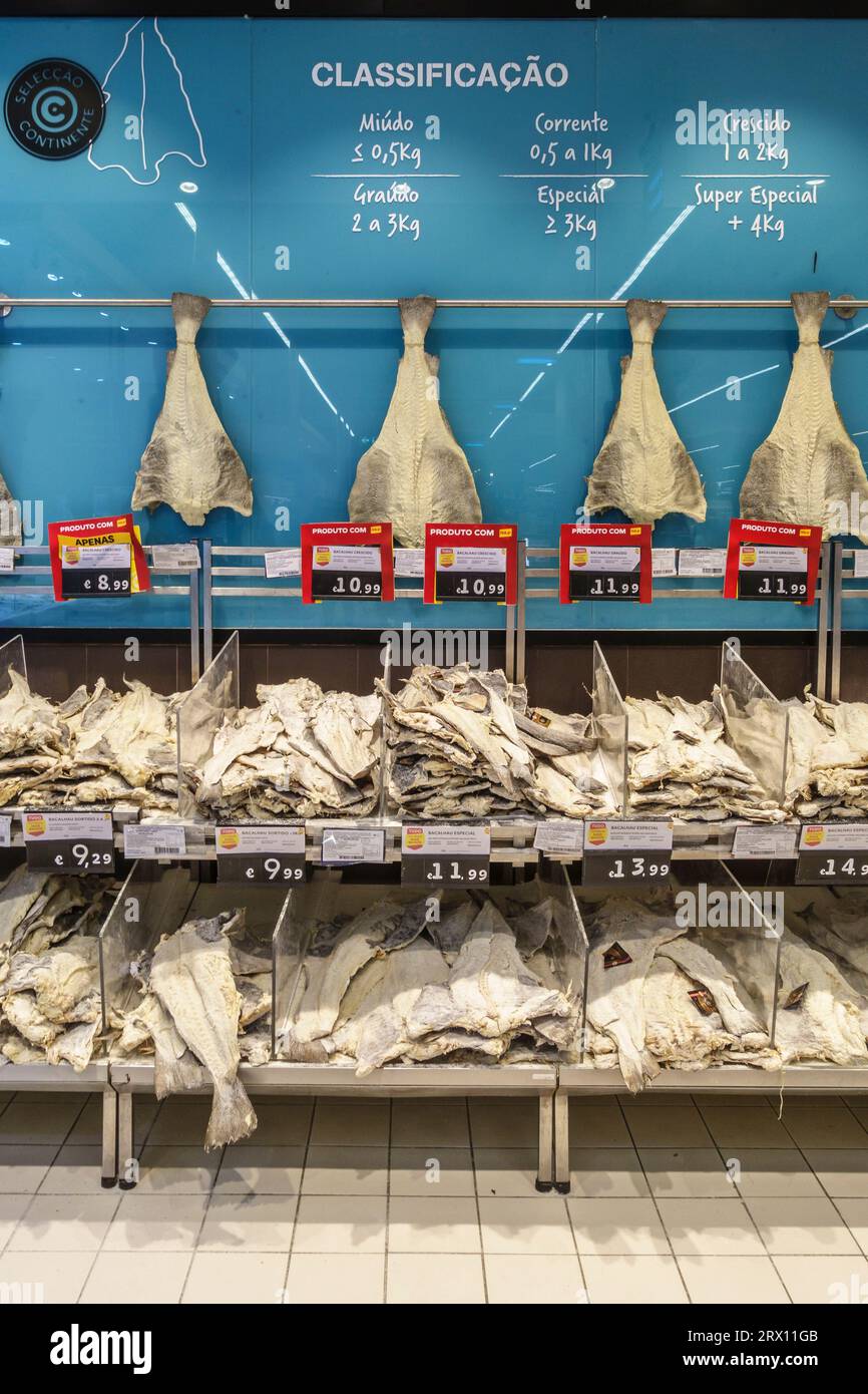 Bacalhau (dried and salted codfish) on sale in a Portuguese supermarket ...