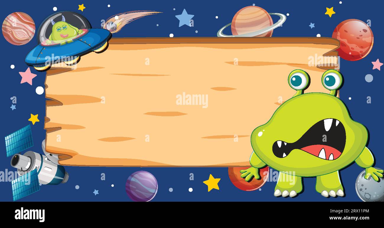 Vector cartoon illustration of an alien monster surrounded by a wooden ...