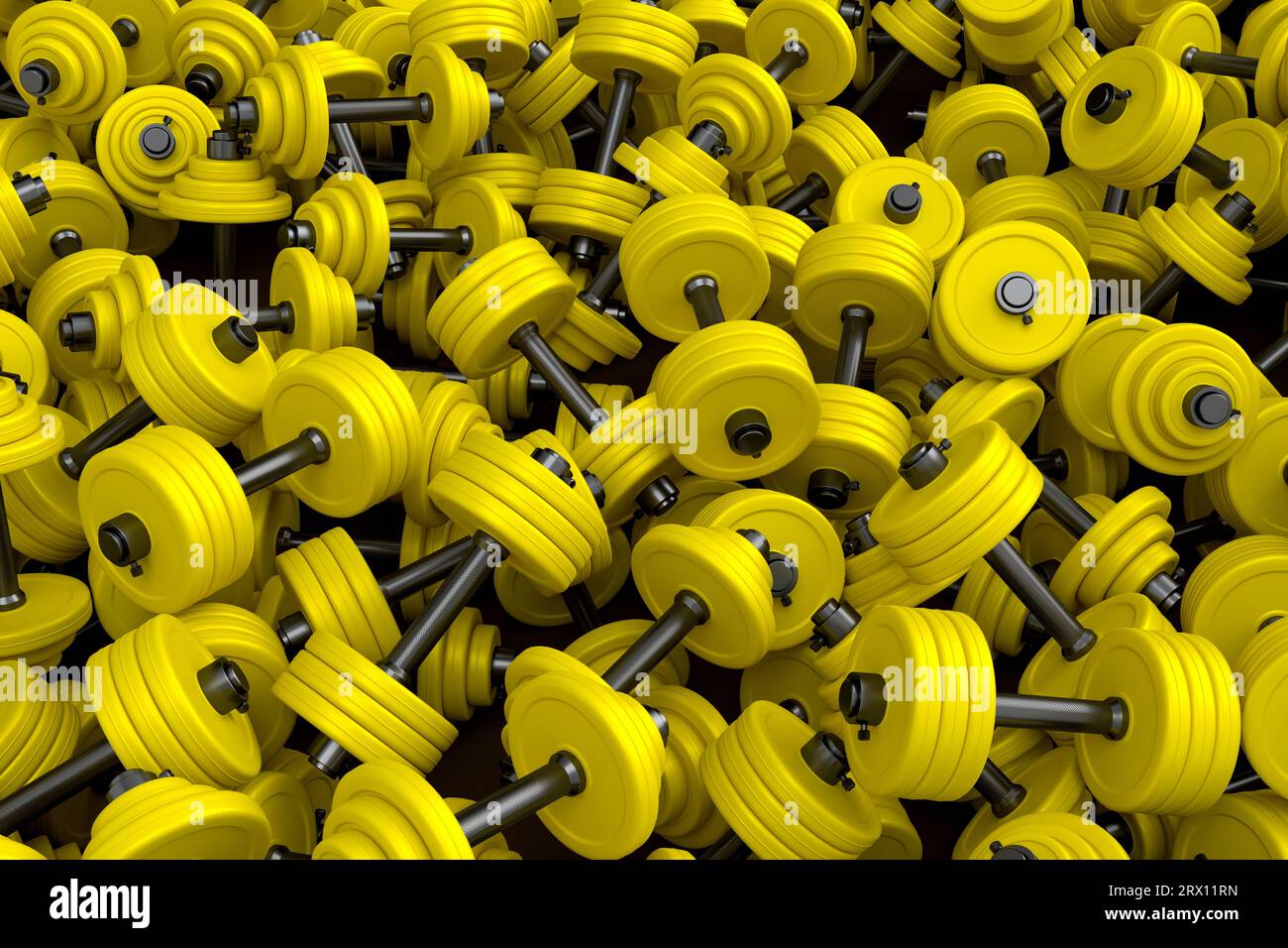 Pile of sport equipment like kettlebell, barbell and dumbbell on black ...