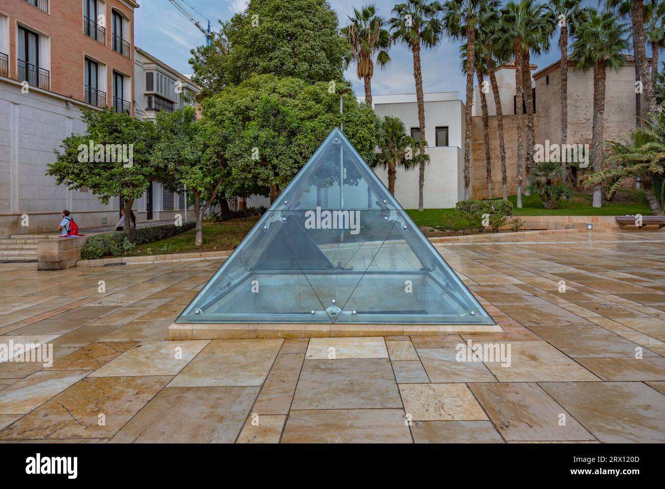 Cristal pyramid in a square at the front of Roman Theater and Alcazaba ...