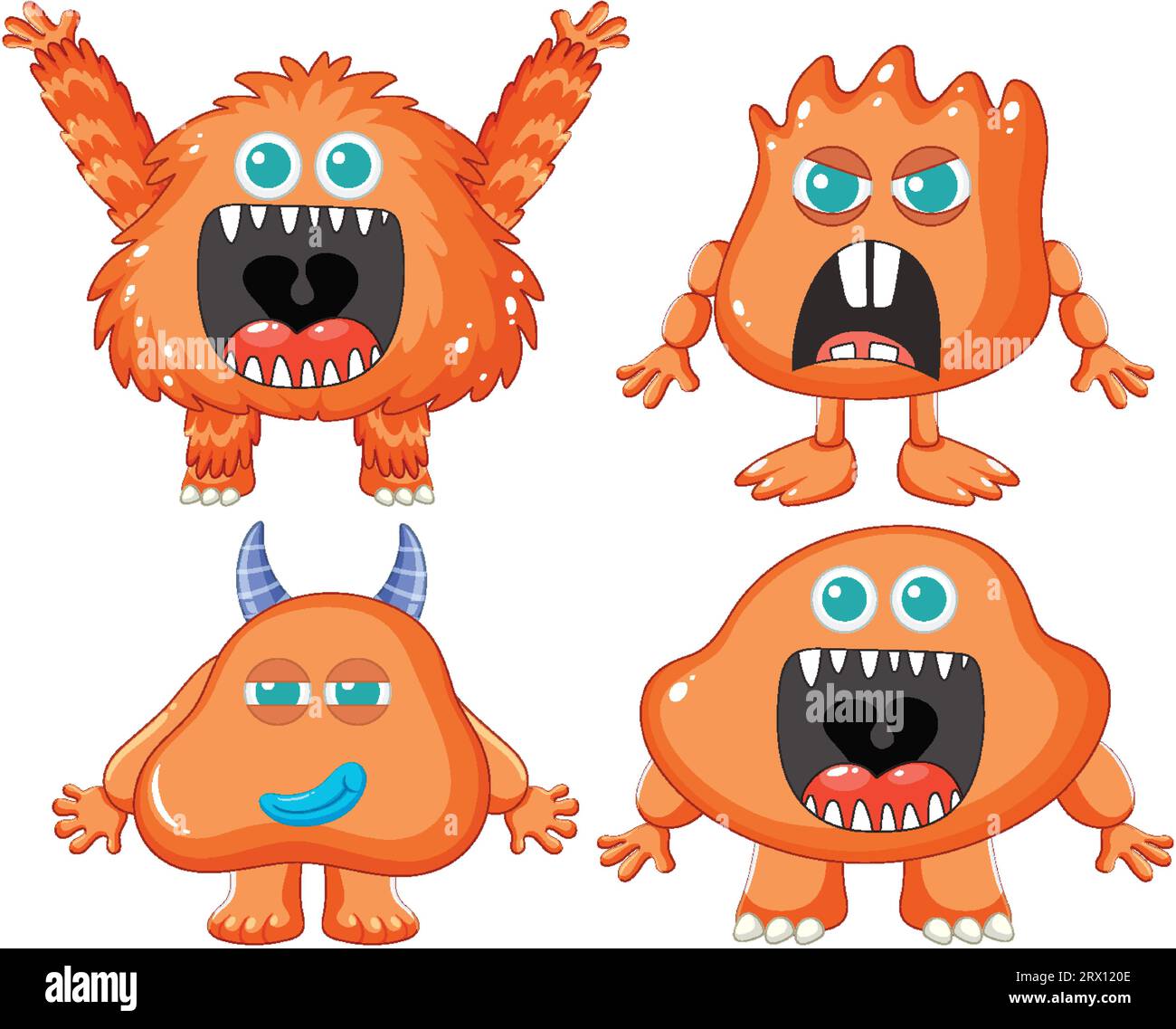 A set of adorable vector illustrations featuring orange alien monsters ...