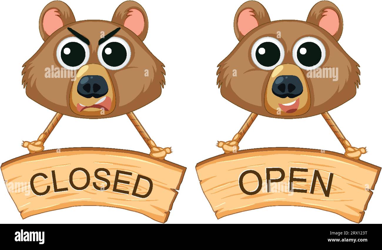 A vector cartoon illustration of a bear face on a closed and open sign ...