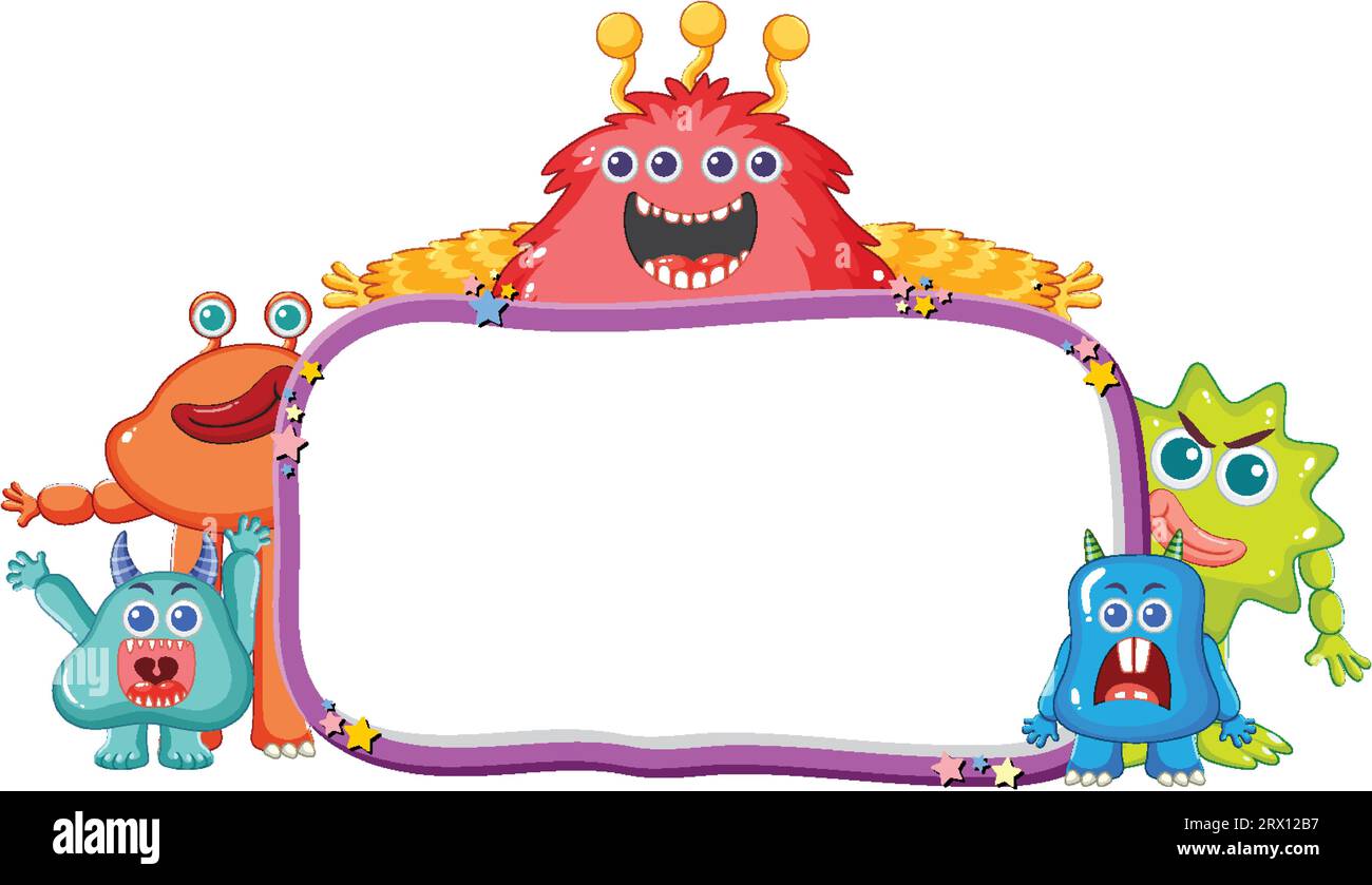 A delightful group of friendly monsters posing by a decorative banner ...