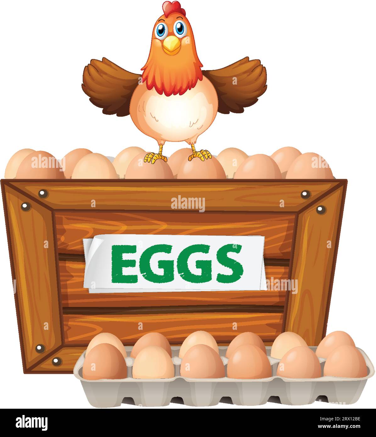 Vector cartoon illustration of a hen standing on a wooden frame with ...