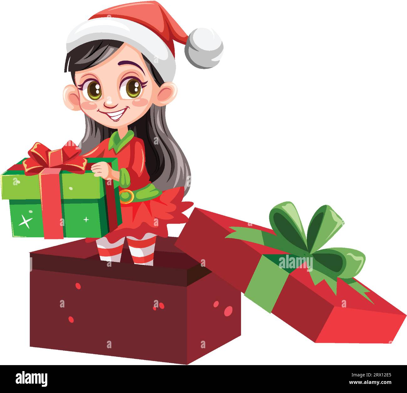 A cartoon illustration of a female elf standing in a gift box, holding ...
