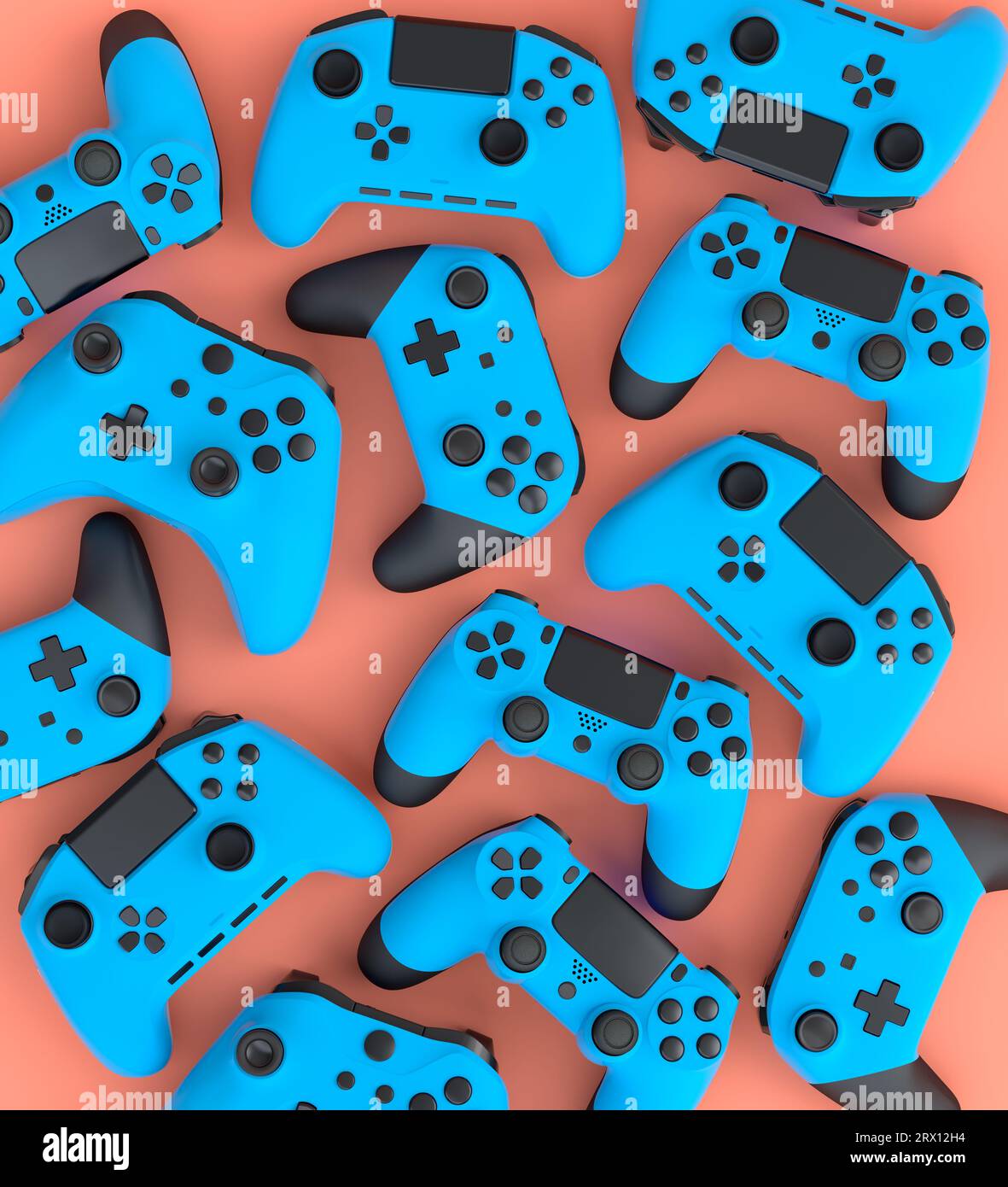Set of flying gamer joysticks or gamepads on violet background. 3d ...
