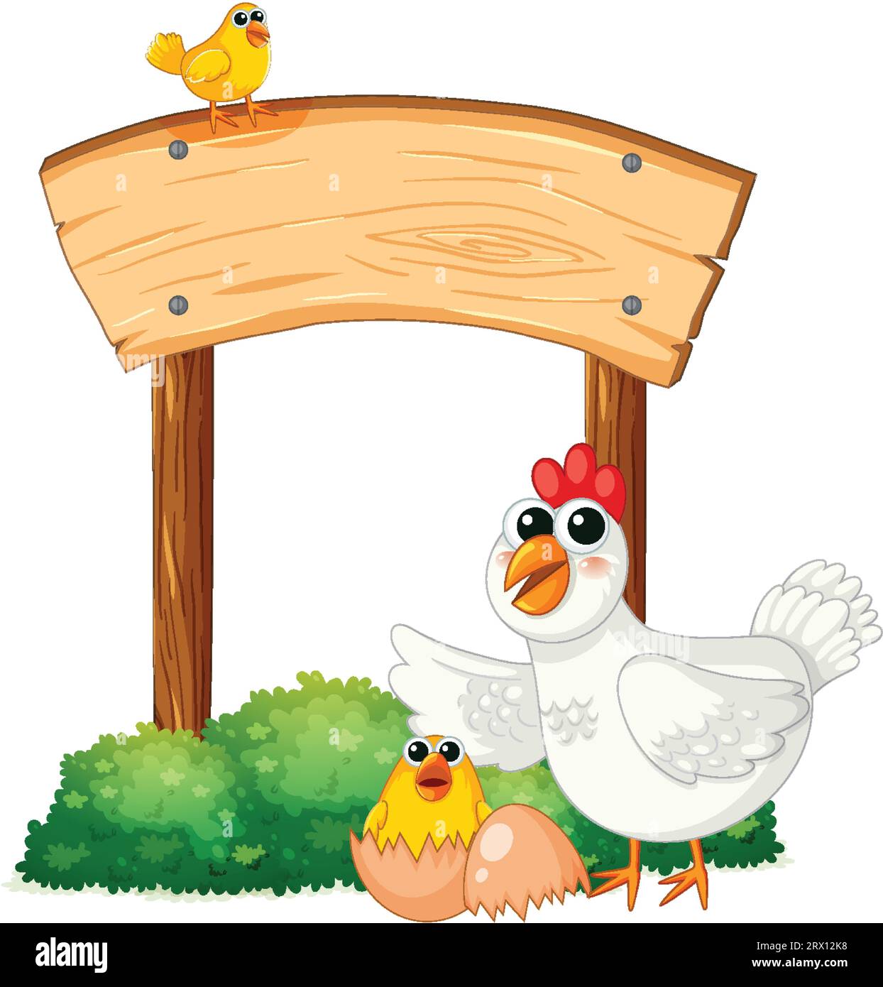 Vector cartoon illustration of a hen and chick on a wooden board Stock ...