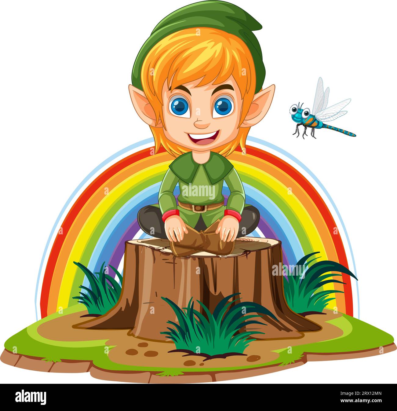 Dwarf cartoon sitting on three stump in fantasy world illustration ...