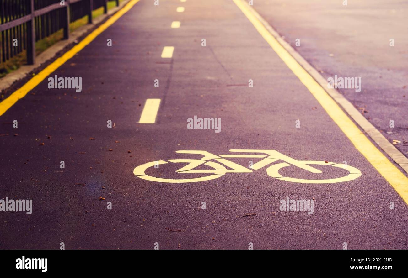 Bike Lane. Sign of the bicycle. Yellow and white marking on a bicycle ...