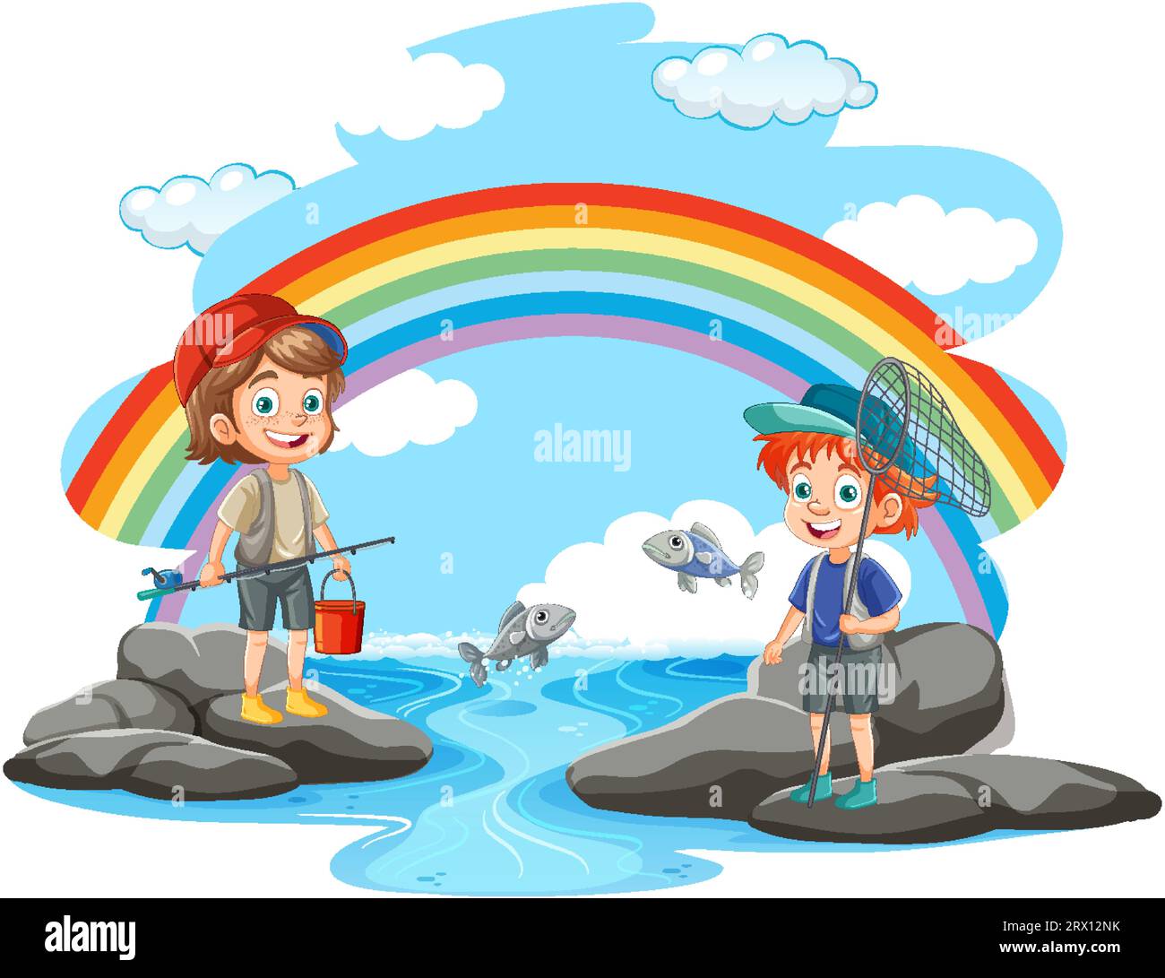 Kids Fishing in Pond illustration Stock Vector Image & Art - Alamy