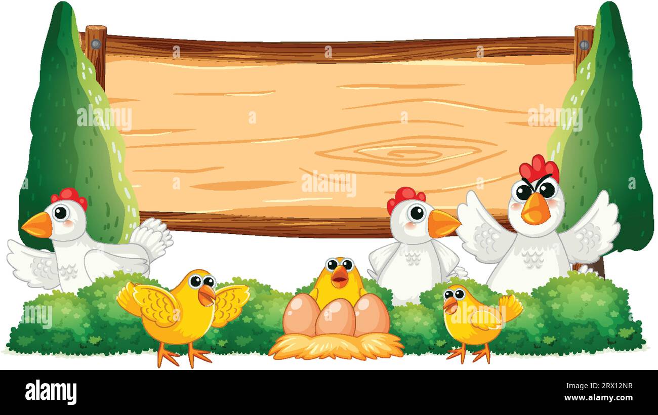 Vector cartoon illustration of a hen and chick next to a wooden board ...