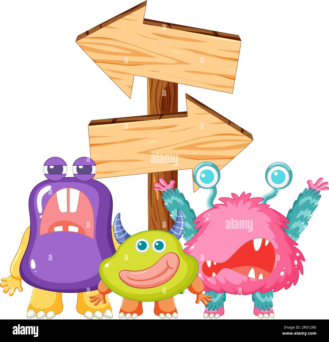 A vector cartoon illustration of adorable alien monsters pointing ...