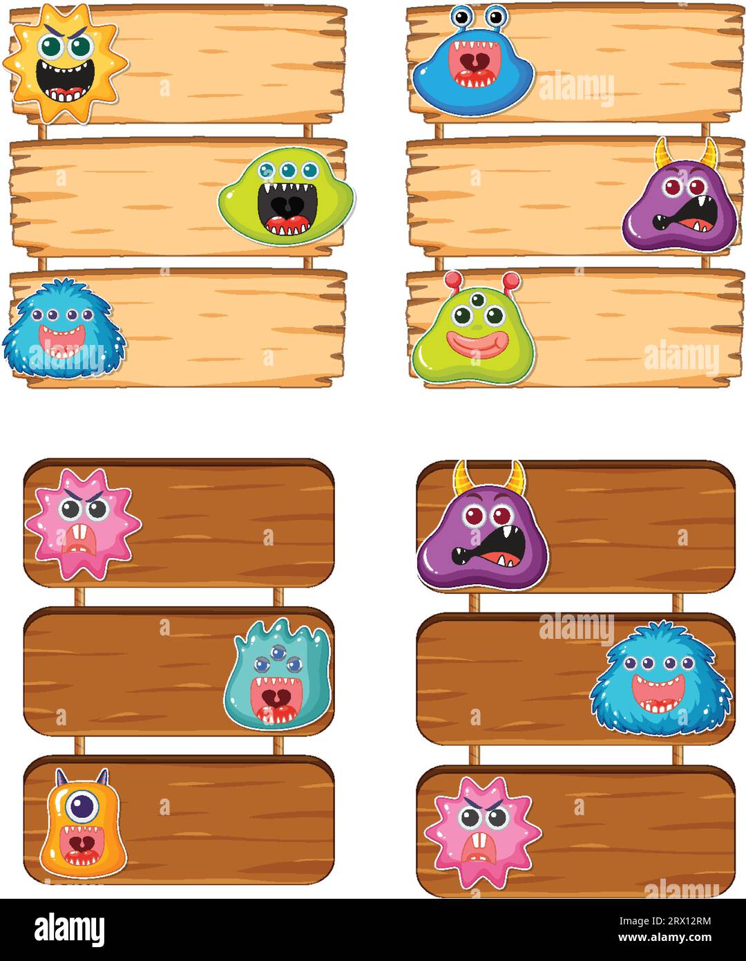 Adorable vector cartoon illustration of alien monsters on a wooden ...