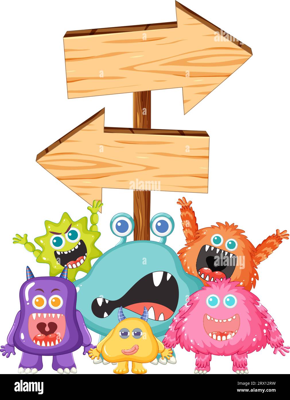 A wooden signboard with adorable alien monsters pointing in different ...
