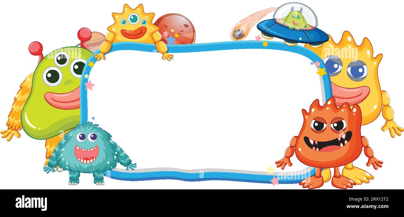 Vector cartoon illustration of adorable monsters standing next to a ...