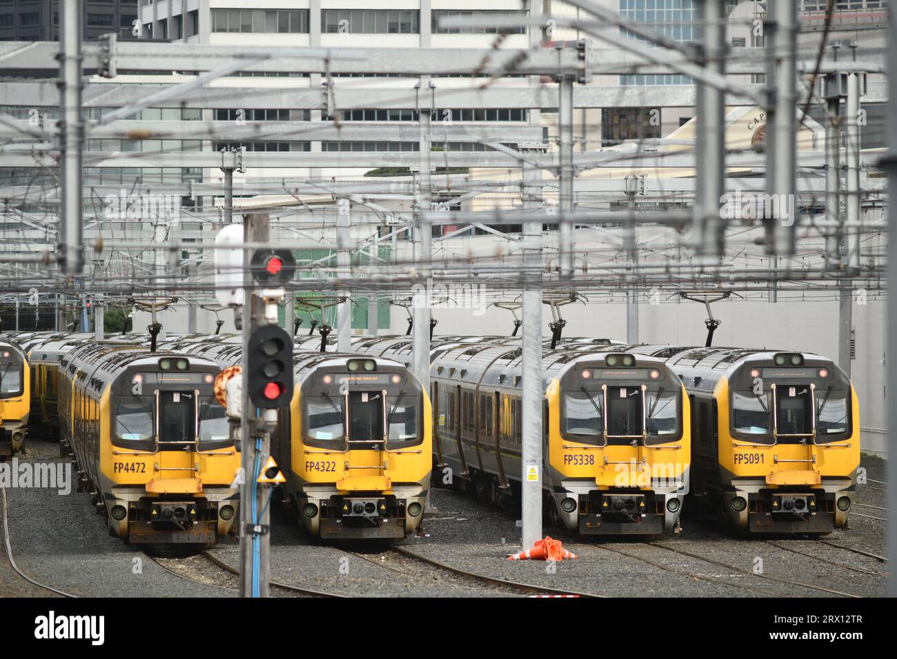 WELLINGTON, NEW ZEALAND, MAY 17, 2023: Metlink trains line up at the ...