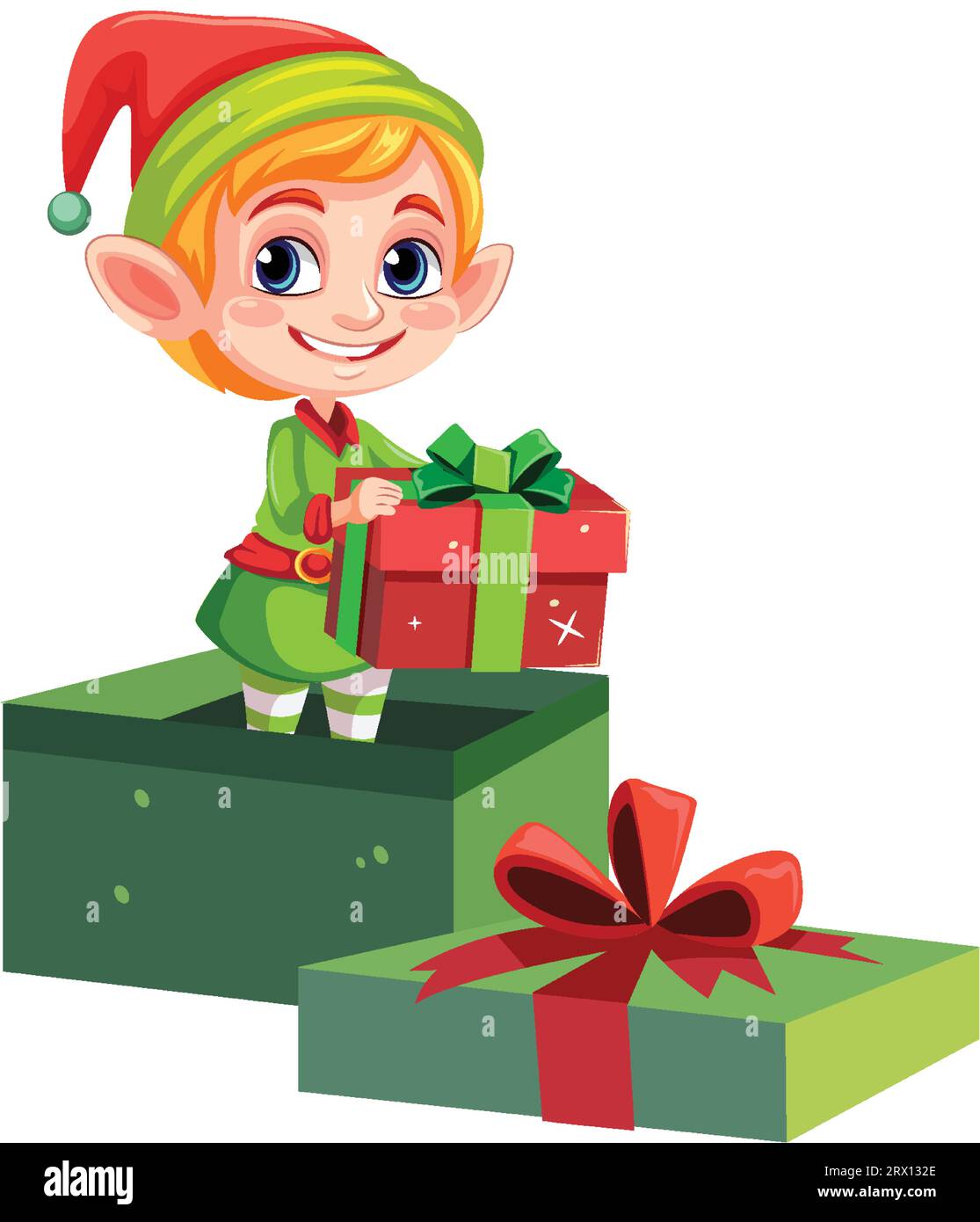 A cartoon illustration of a male elf standing in a gift box, holding a ...