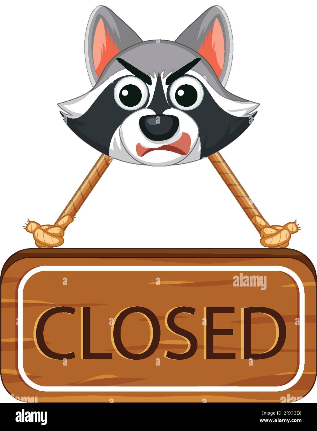 A vector cartoon illustration of a raccoon face on a closed sign banner ...