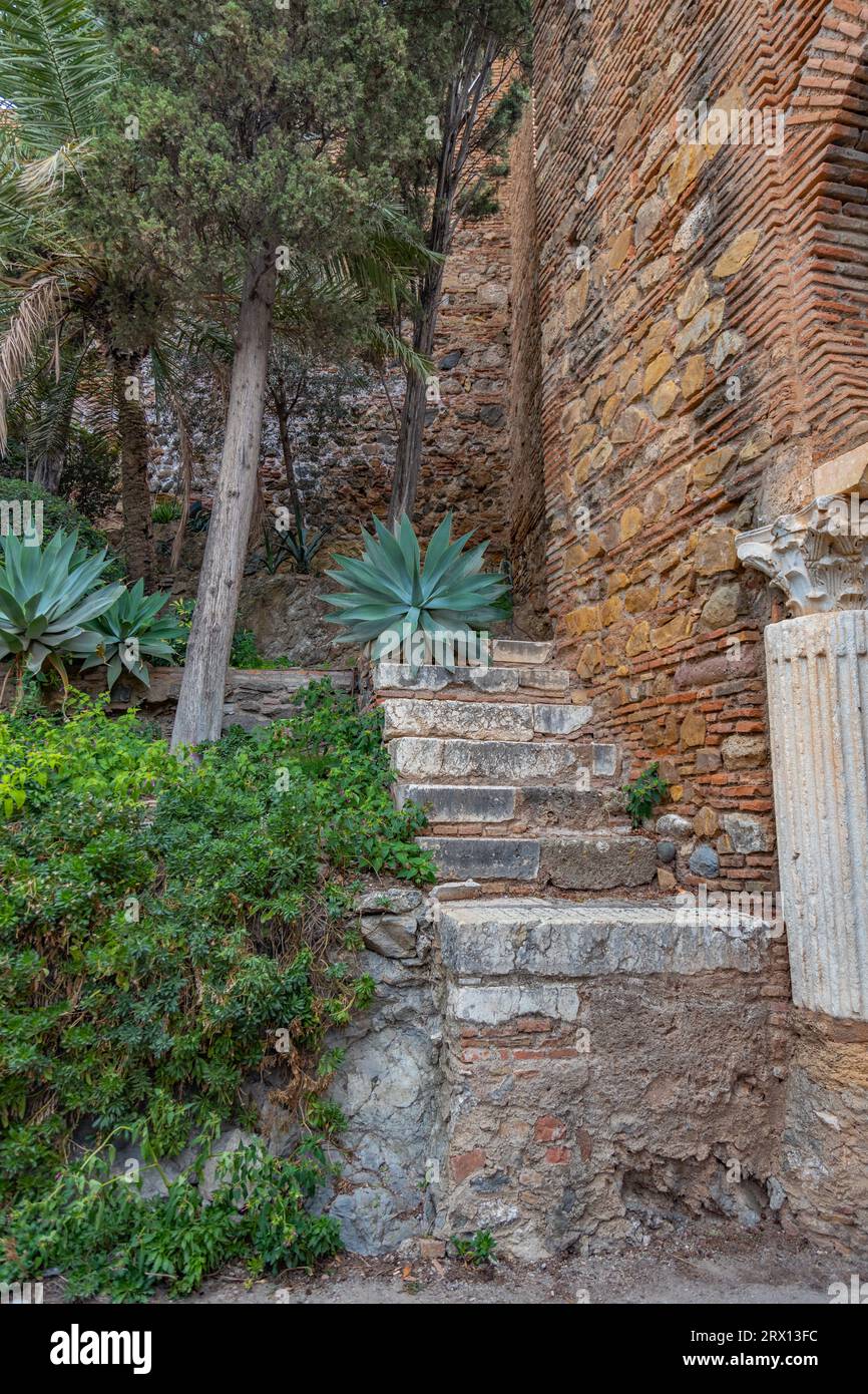 The Alcazaba interior, citadel of Malaga city. Interiors and courtyards ...