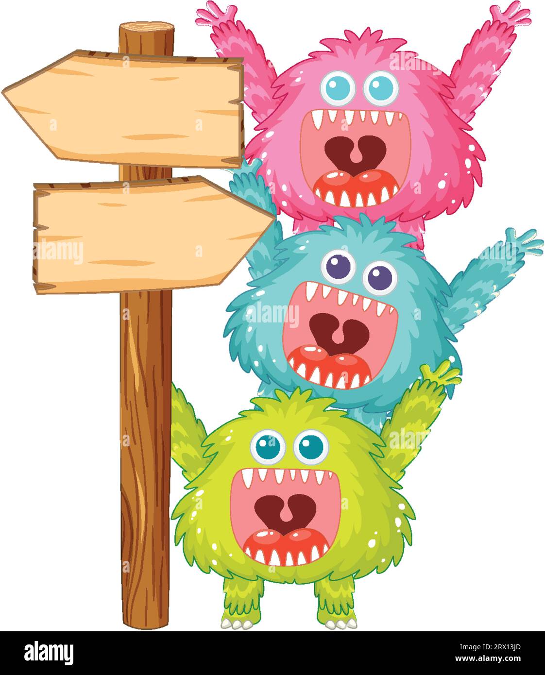 Vector cartoon illustration of adorable monsters with a wooden sign ...