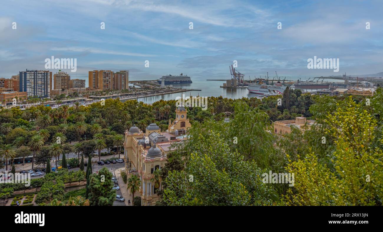 Amazing panorama of Malaga city center, Malaga seaport and marina on a ...