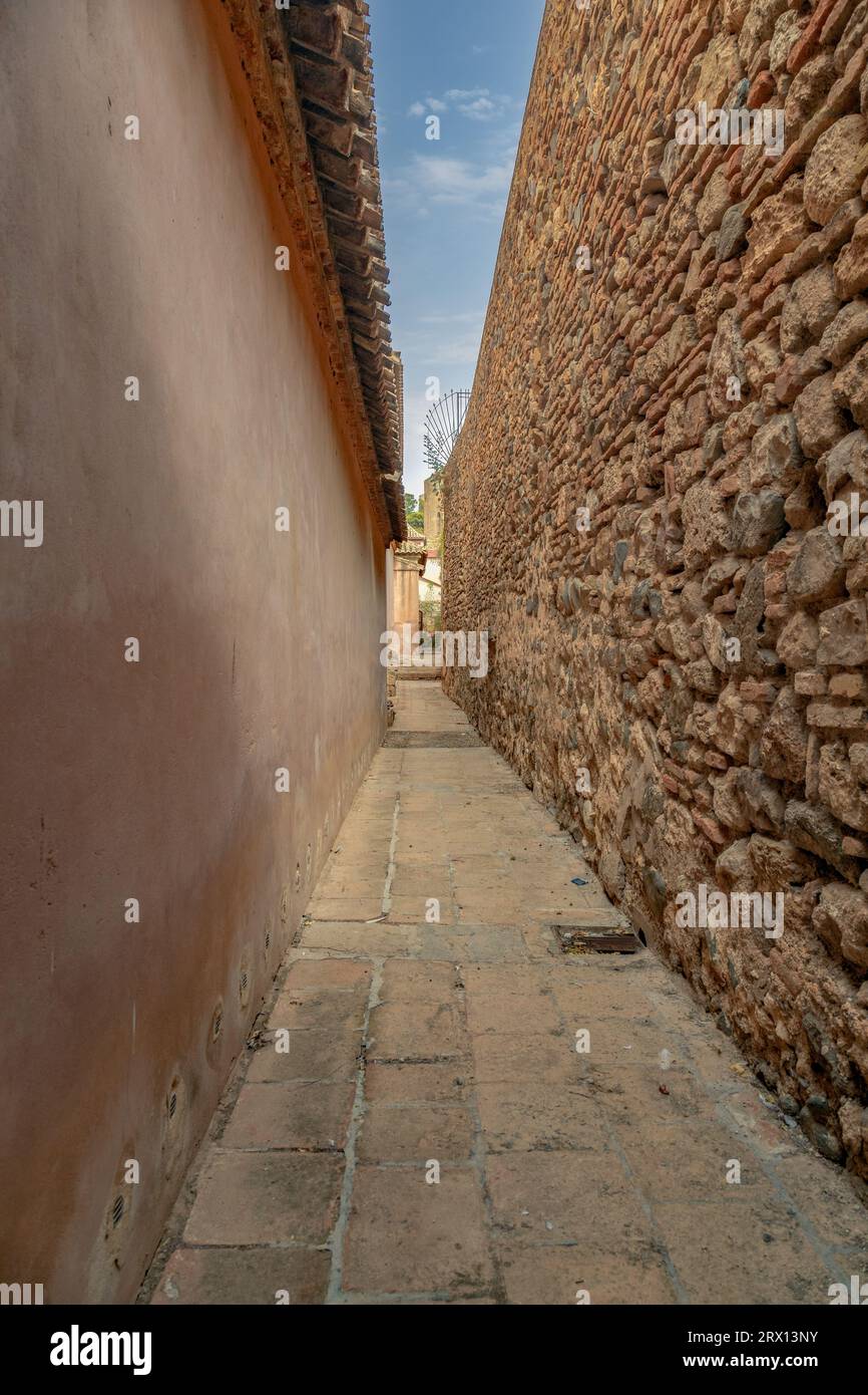 The Alcazaba interior, citadel of Malaga city. Interiors and courtyards ...