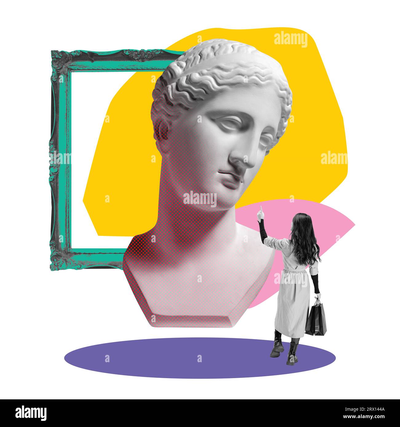 Antique museum. Young woman looking at giant antiques statue bust ...