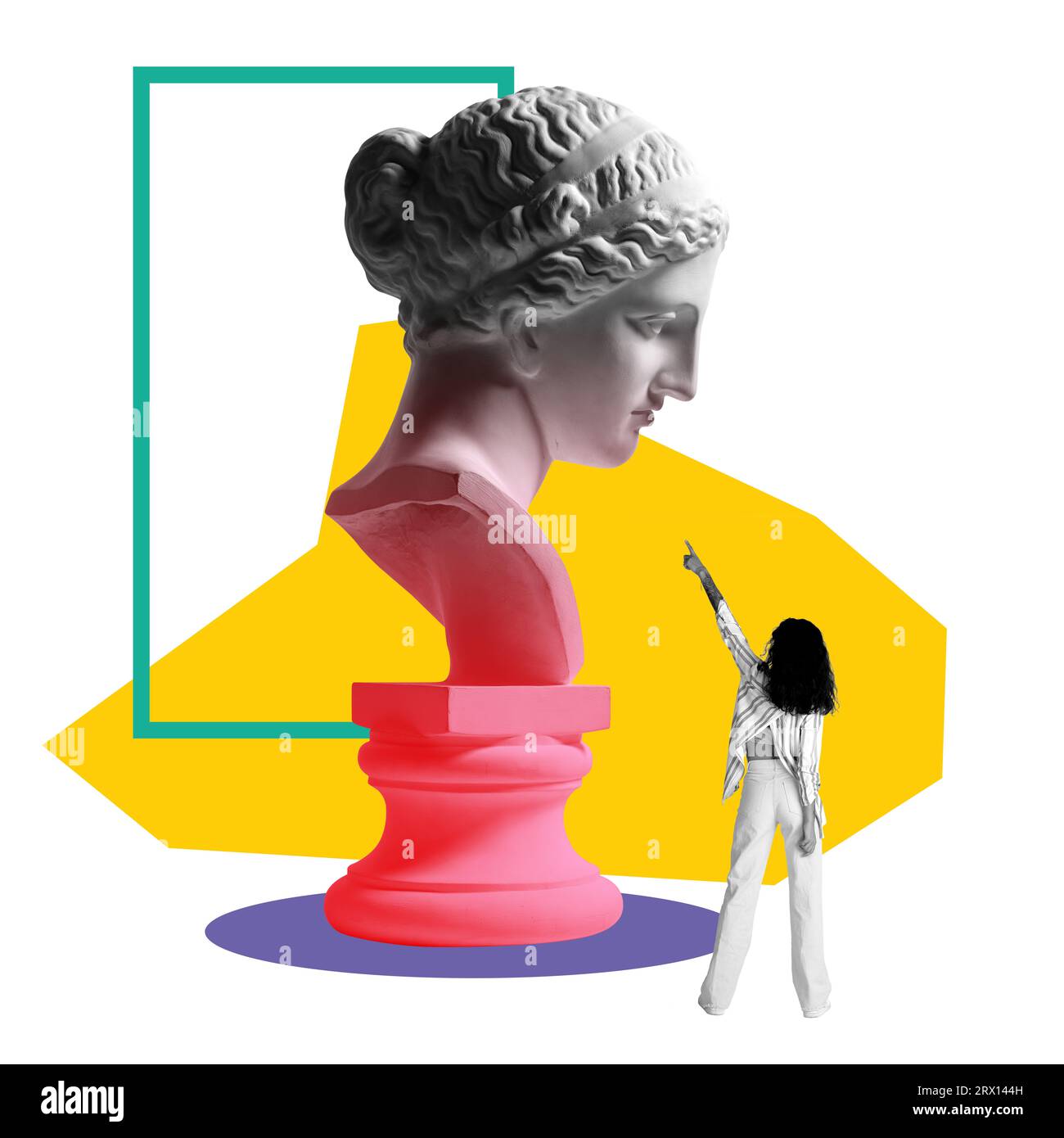 Young woman looking at giant antiques statue bust on white background ...