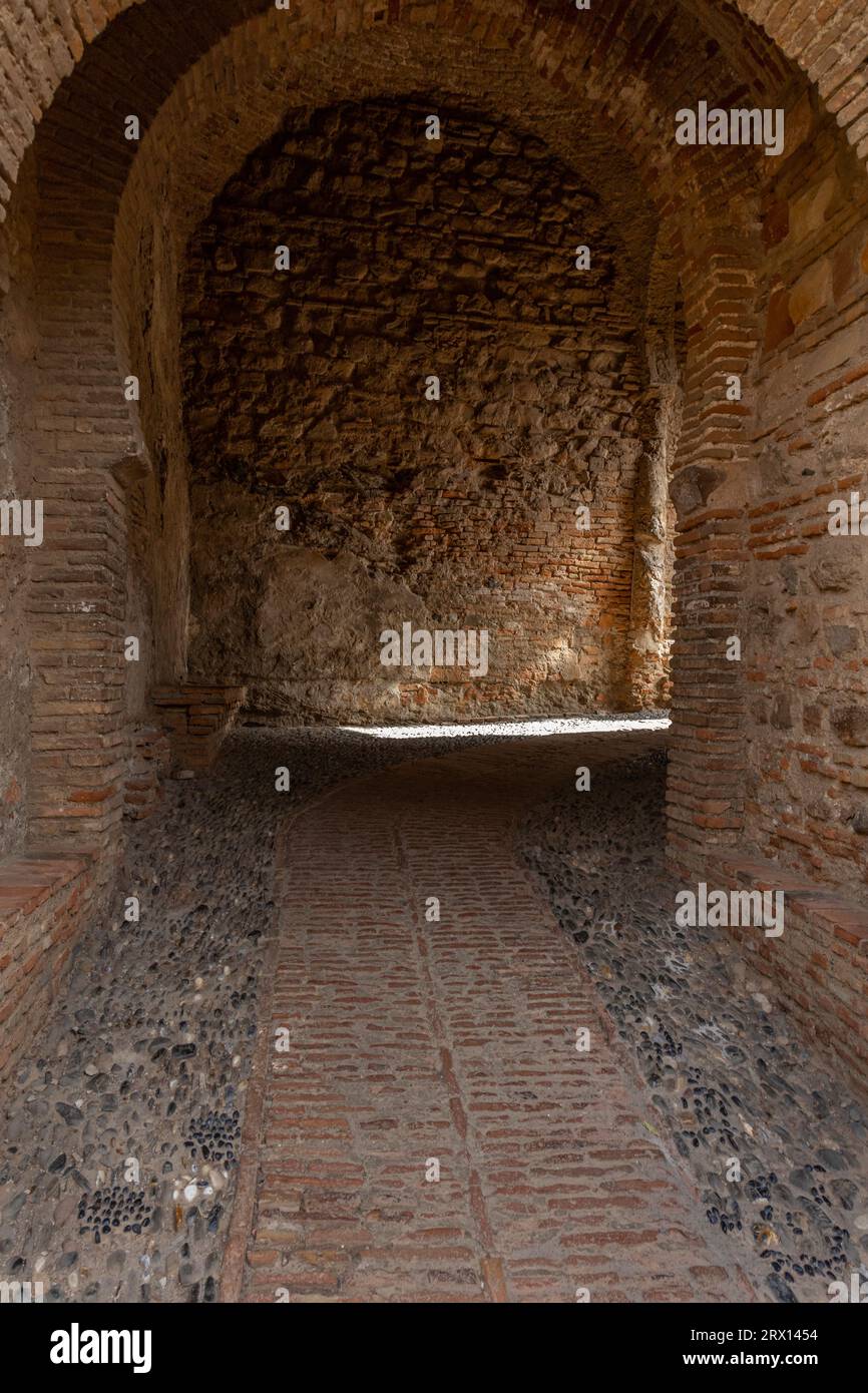 The Alcazaba interior, citadel of Malaga city. Interiors and courtyards ...