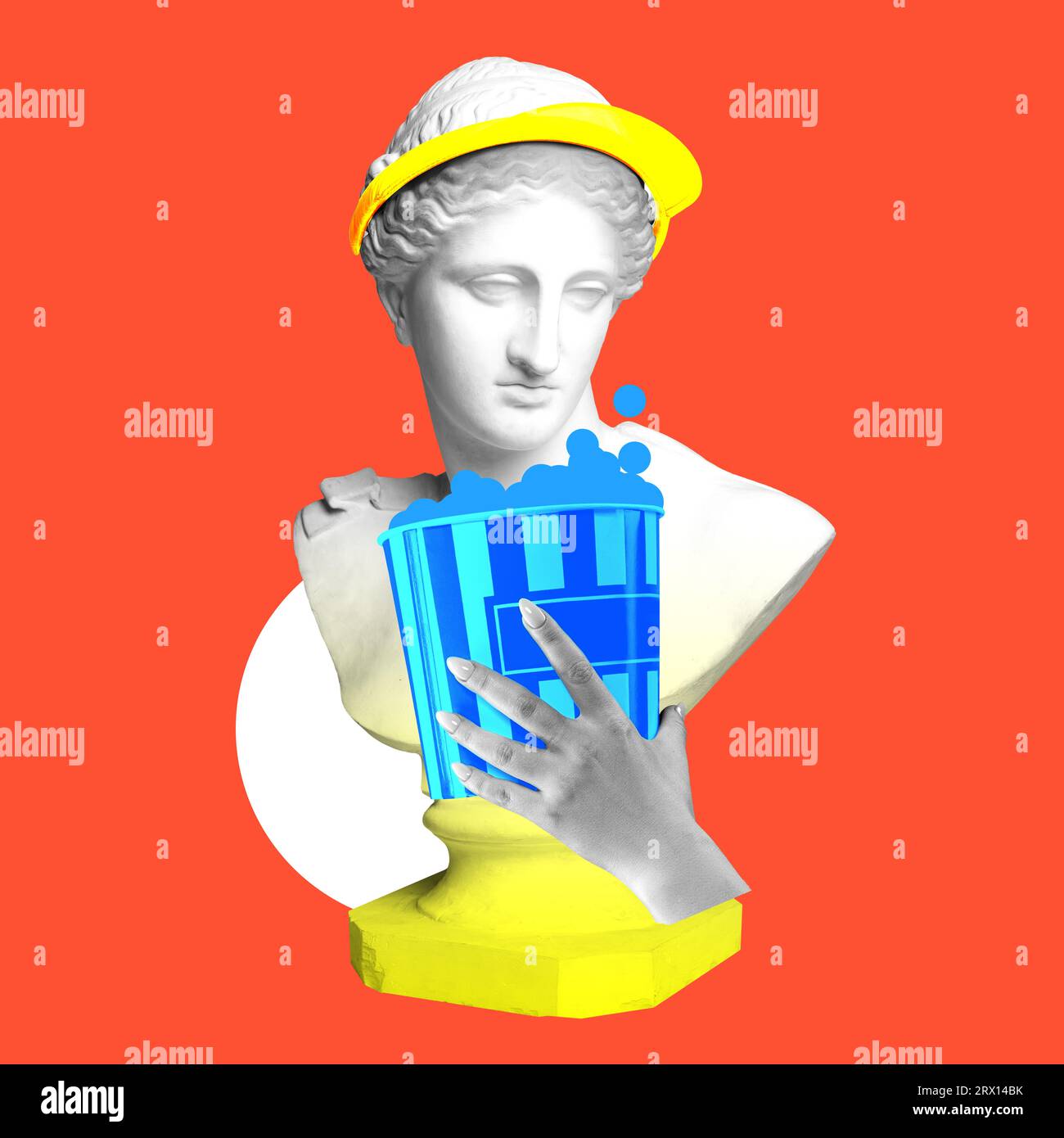 Antique statue bust ion cap and with popcorn basket over orange ...