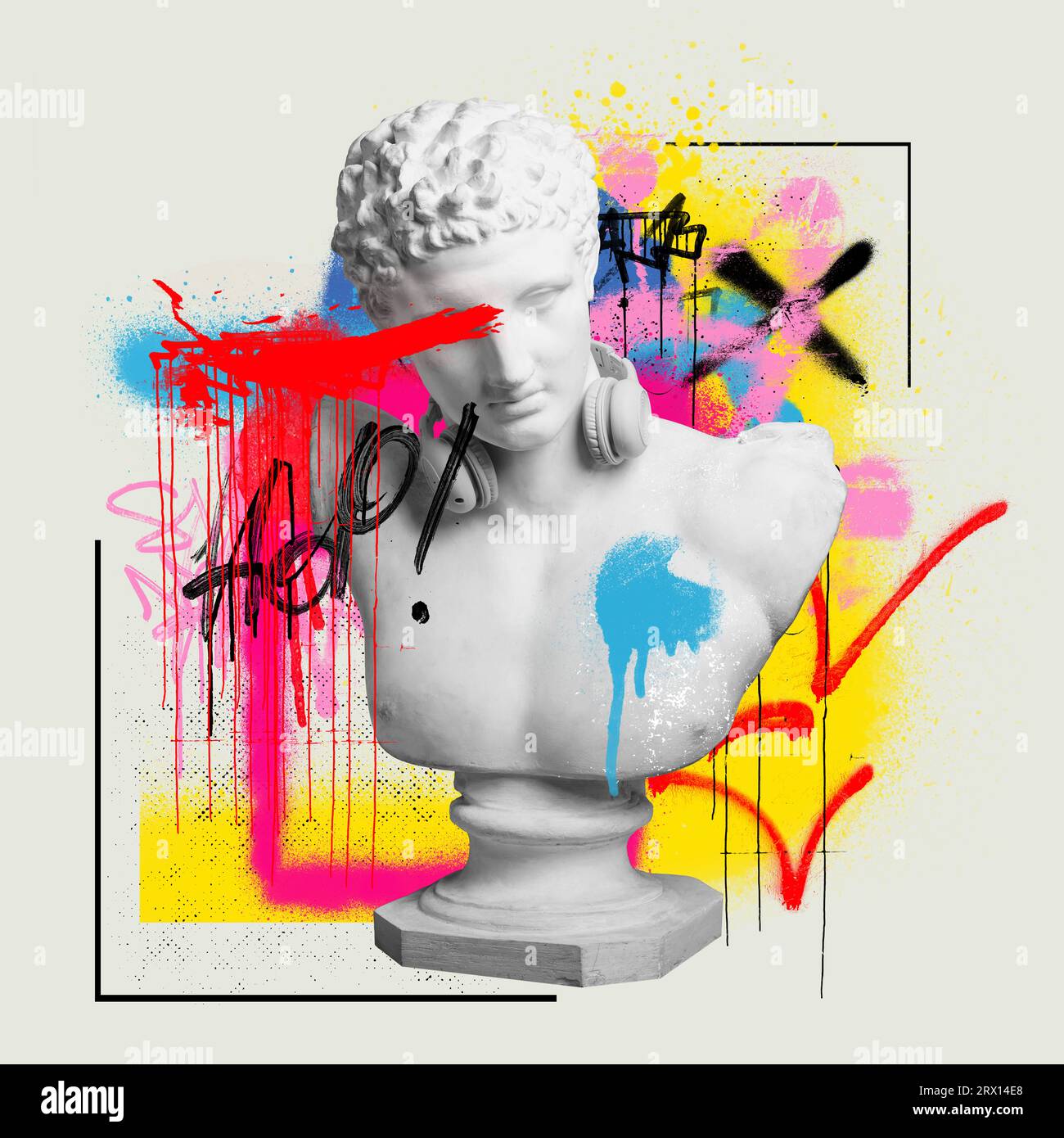 Antique statue bust painted in colorful paints, graffiti over light ...
