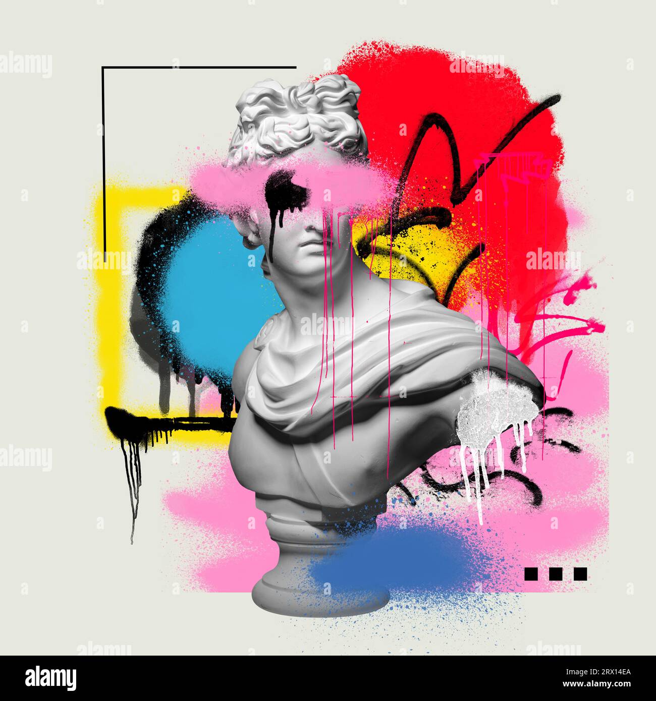 Antique statue bust painted in colorful paints, graffiti over light ...