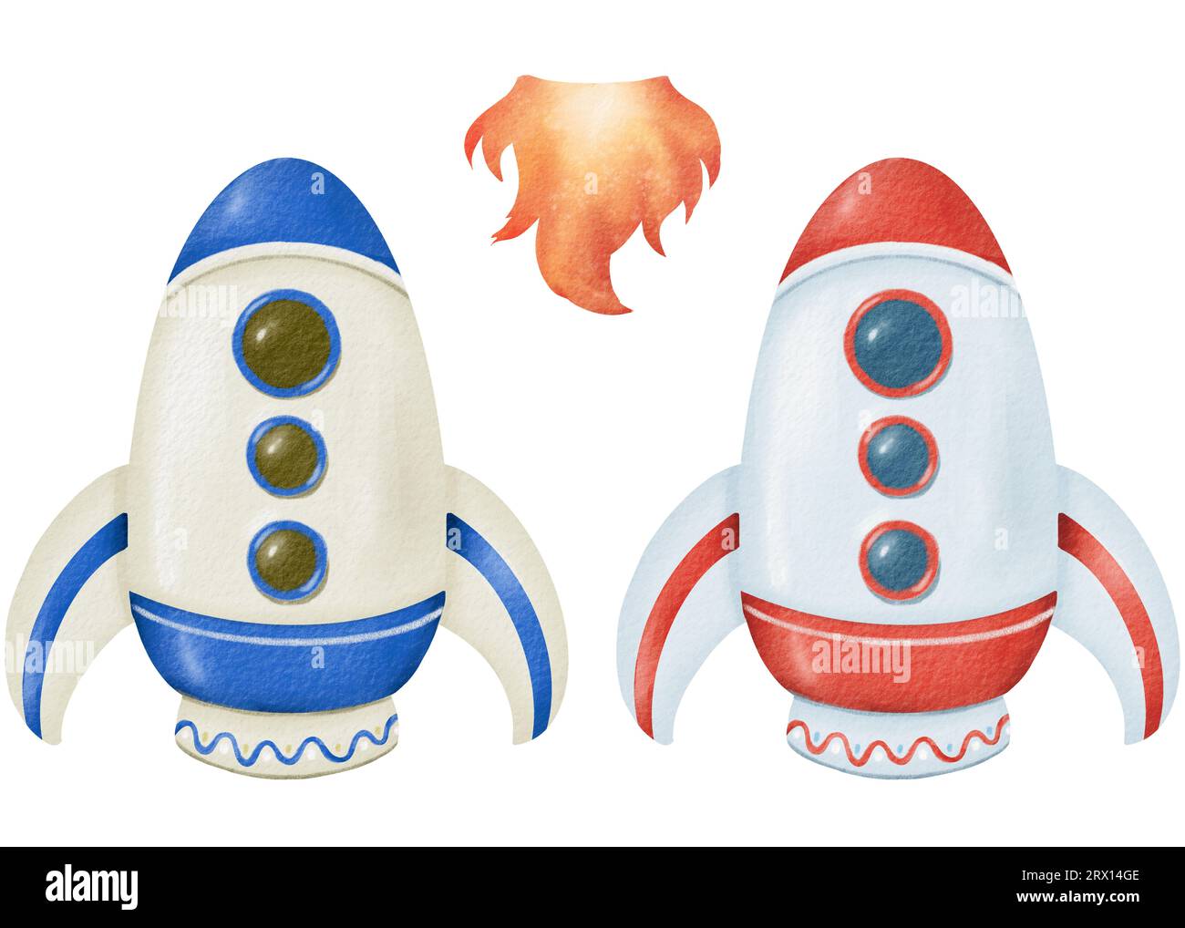 Set of cartoon elements. Rockets in blue and red, with separate ...